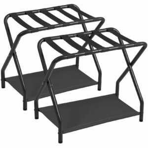 amhancible luggage rack, set of 2, foldable suitcase stands for guest room, metal luggage holder with storage shelf for bedroom, hotel, easy assemble, black hlr02bk