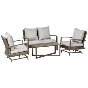 outsunny 4 piece wicker patio furniture set with 2 rocking chairs, loveseat sofa, outdoor pe rattan conversation set with cushions, aluminum table for porch, poolside, light gray