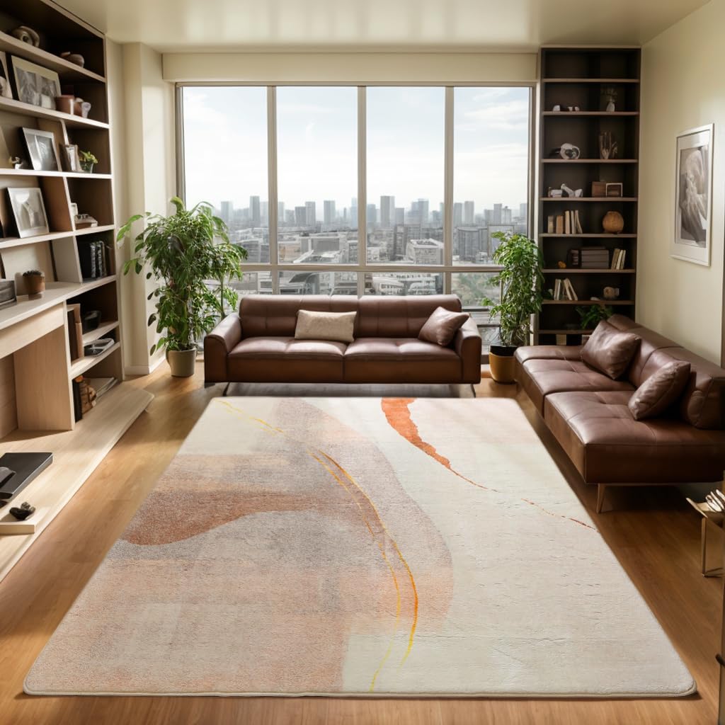 Cinknots Area Rug 6' 6" x 8' 2" Modern Abstract Living Room Bedroom Rug Soft Non-Slip Indoor Washable Minimalist Rug Brown/Gold