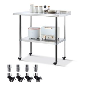 sapodilla nsf stainless steel worktables with wheels, 36×24 inches commercial heavy duty tables with backplash and adjustable undershelf for kitchen, restaurant, hotel and garage