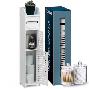 storagebud bathroom storage organizer - floor standing with shelves - includes 2 apothecary jars - tall bathroom storage cabinet for toilet paper, towel & other bathroom storage accessories - white