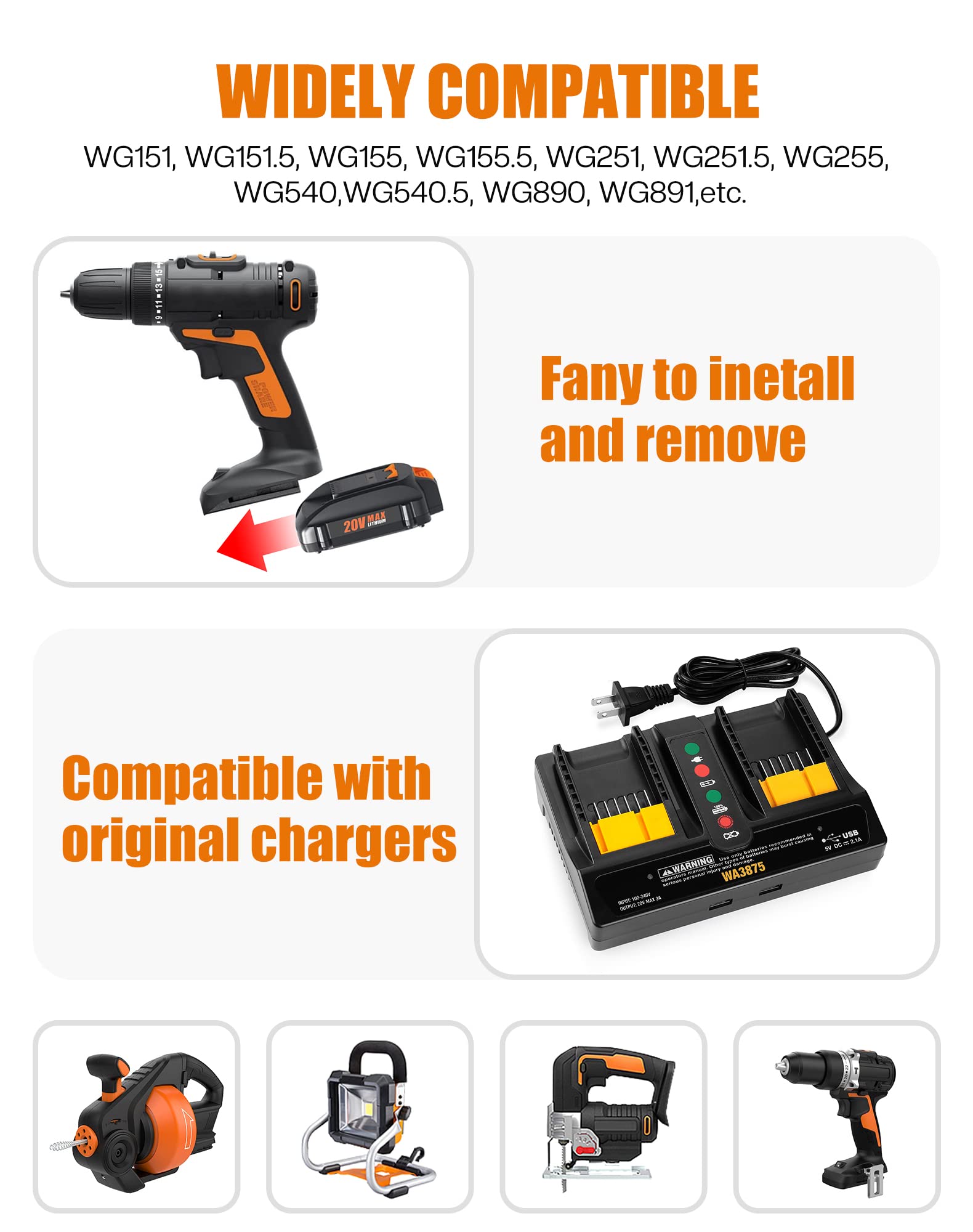 Powilling 20V Lithium Battery for Worx 20V Battery and Charger Kit, Compatible with All Worx 20V Batteries WA3520 WA3525 WA3575 WG151s WG251s WG540s WG545s WG890 WG891 + Works 20 Volt Battery Charger