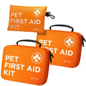 arca pet first aid kit 3 piece set - each for home, car & travel. dog first aid kit with thermometer, tick remover kit & many more