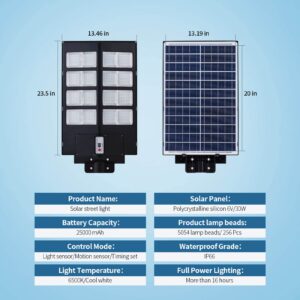 Aihanfir 800W Solar Street Light Outdoor Waterproof, with Motion Sensor and Remote Control for Parking Lot Lights Commercial, Yard, Road- 30W Solar Charging Panel, 25000mAh, 6500K Double-Chip LED