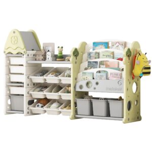 merax toy storage organizer with kids bookshelf, toy organizer with 17 bins and 5-tier bookshelf for kids bedroom playroom living room (all-in-one, green)