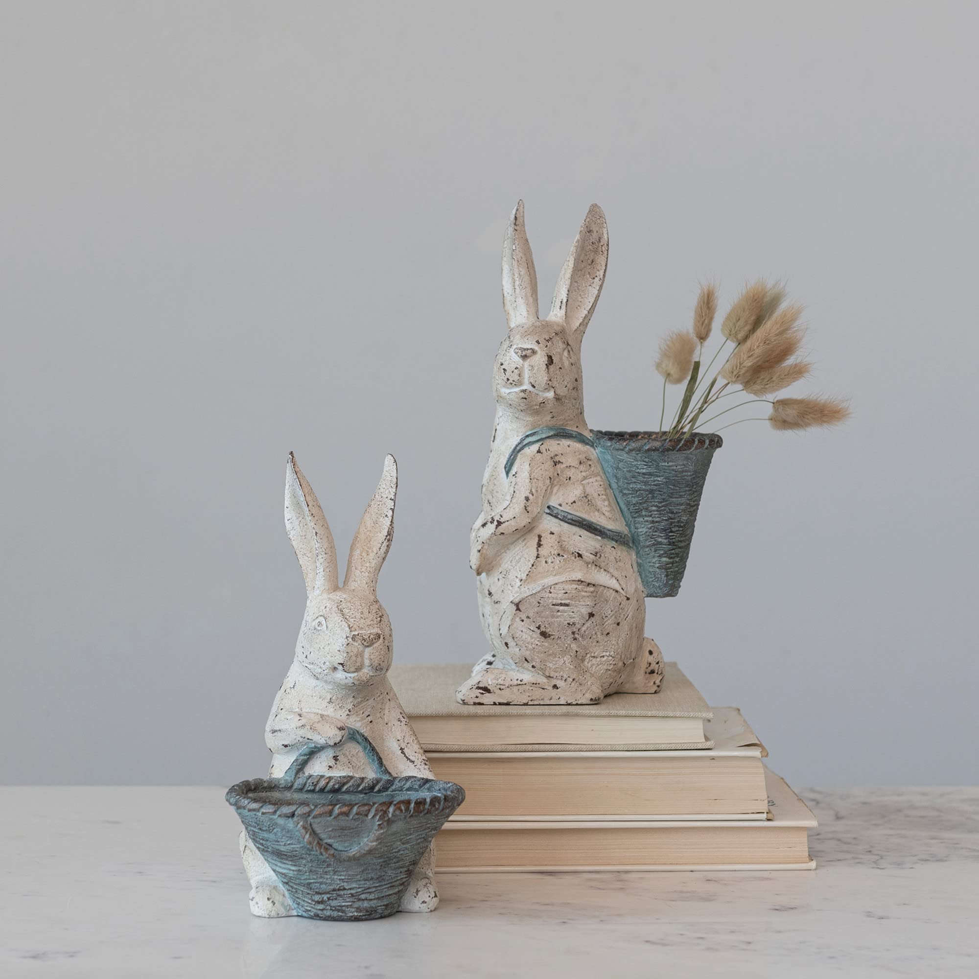 Creative Co-Op Decorative Bunnies with Baskets, Set of 2 Styles, Antique White and Grey Décor, Ivory