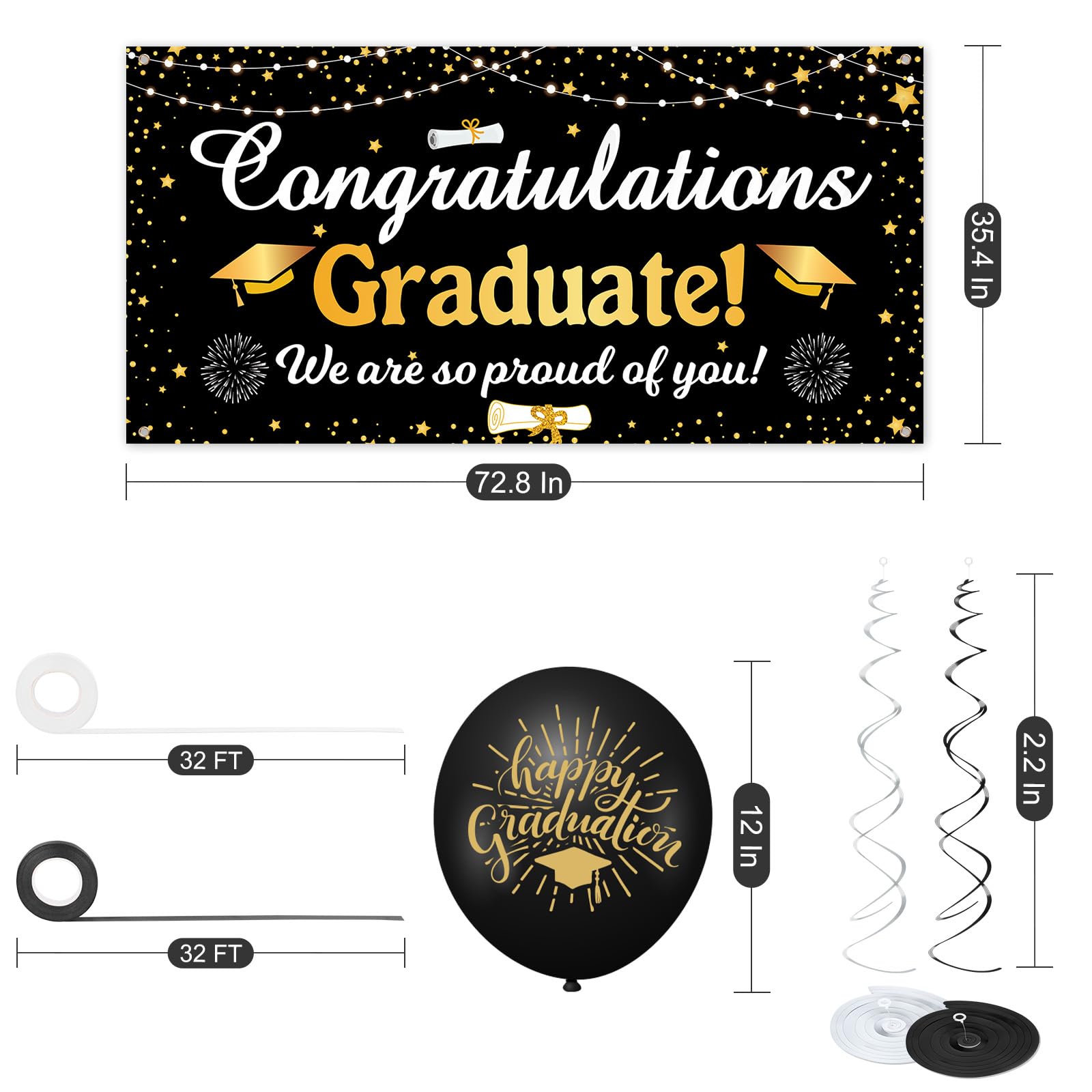 AKEROCK Graduation Decorations Class of 2025, Congratulations Graduate Banner for Graduation Party Decorations, Graduation Banner/Congrats Grad Banner, 32 Balloons & 10 Hanging Swirls Included - Black