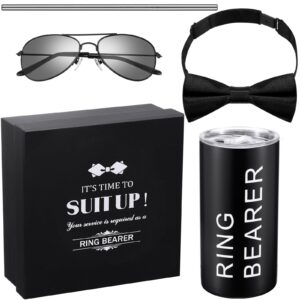 mepase 4 pcs ring wedding bearer gifts include groomsmen proposal box, sunglasses, tie and tumbler, groomsmen proposal gift for ring kids boys bearer security bridesmaids costume outfit accessories