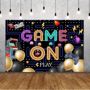 lofaris game on backdrop video game boys birthday photography background colorful lights party supplies kids adults gaming party decorations baby shower cake table photo booth 5x3ft