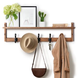 tatub 29'' coat rack wall mount with shelf, wood wall hooks with storage, entryway shelf with 5 hangers for bathroom, living room, bedroom, rustic brown