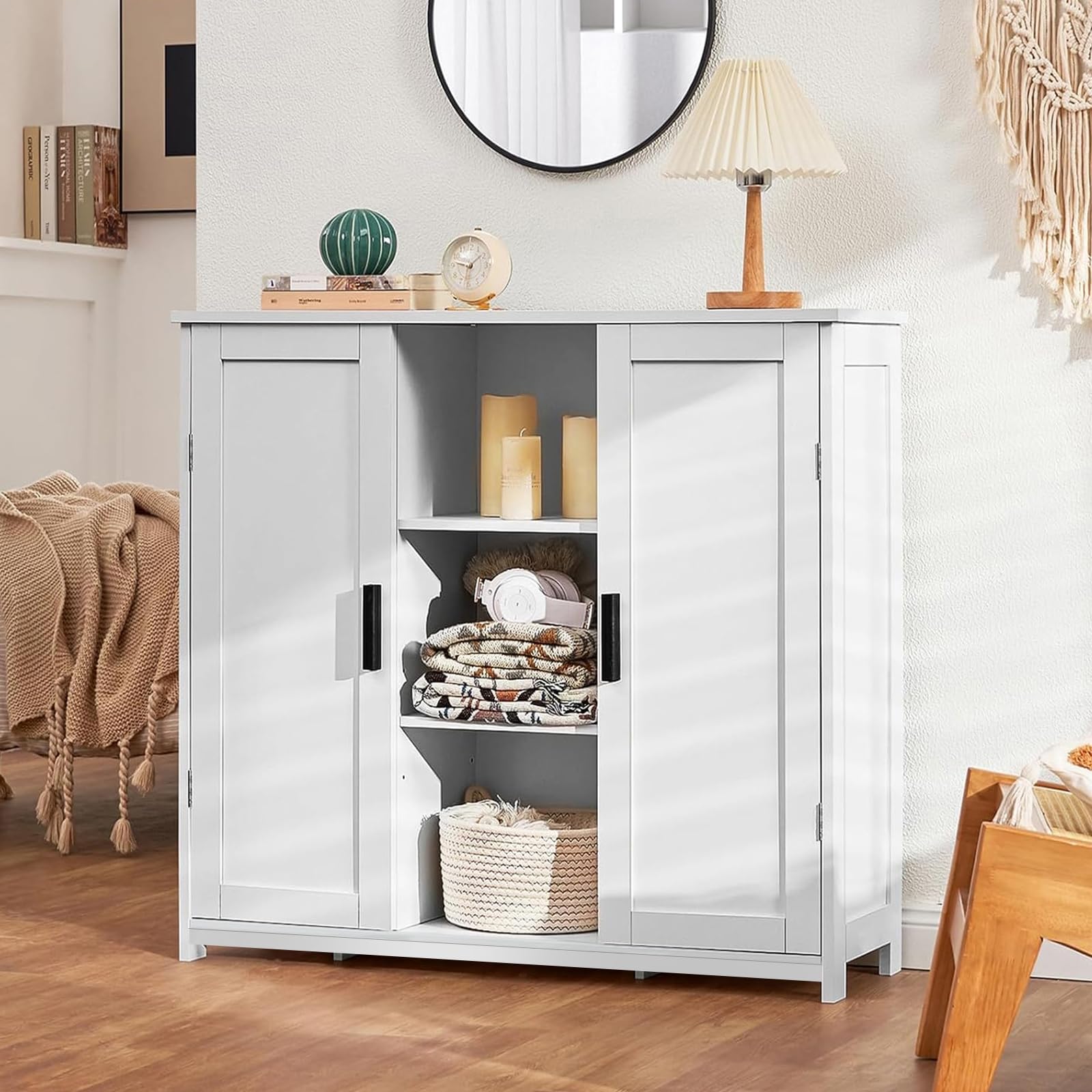 Iwell Storage Cabinet with 2 Doors and 4 Storage Shelves, Credenza Buffet Cabinet, Bathroom Cabinet for Living Room, Entryway, Home Office, White