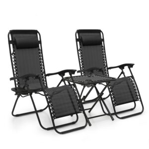 monibloom table and patio chairs set of 3, outdoor adjustable zero gravity folding breathable mesh reclining lounge chairs with pillow and side tray, 330lbs capacity - black