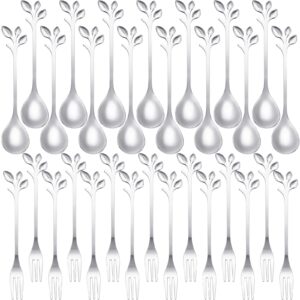 stainless steel leaf coffee spoon and appetizer fork tableware dessert spoon mini dessert utensils set creative demitasse spoons and forks for stirring, fruit, cake, coffee, tea(silver, 40 pieces)