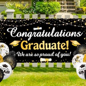 AKEROCK Graduation Decorations Class of 2025, Congratulations Graduate Banner for Graduation Party Decorations, Graduation Banner/Congrats Grad Banner, 32 Balloons & 10 Hanging Swirls Included - Black