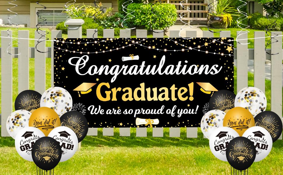 AKEROCK Graduation Decorations Class of 2025, Congratulations Graduate Banner for Graduation Party Decorations, Graduation Banner/Congrats Grad Banner, 32 Balloons & 10 Hanging Swirls Included - Black