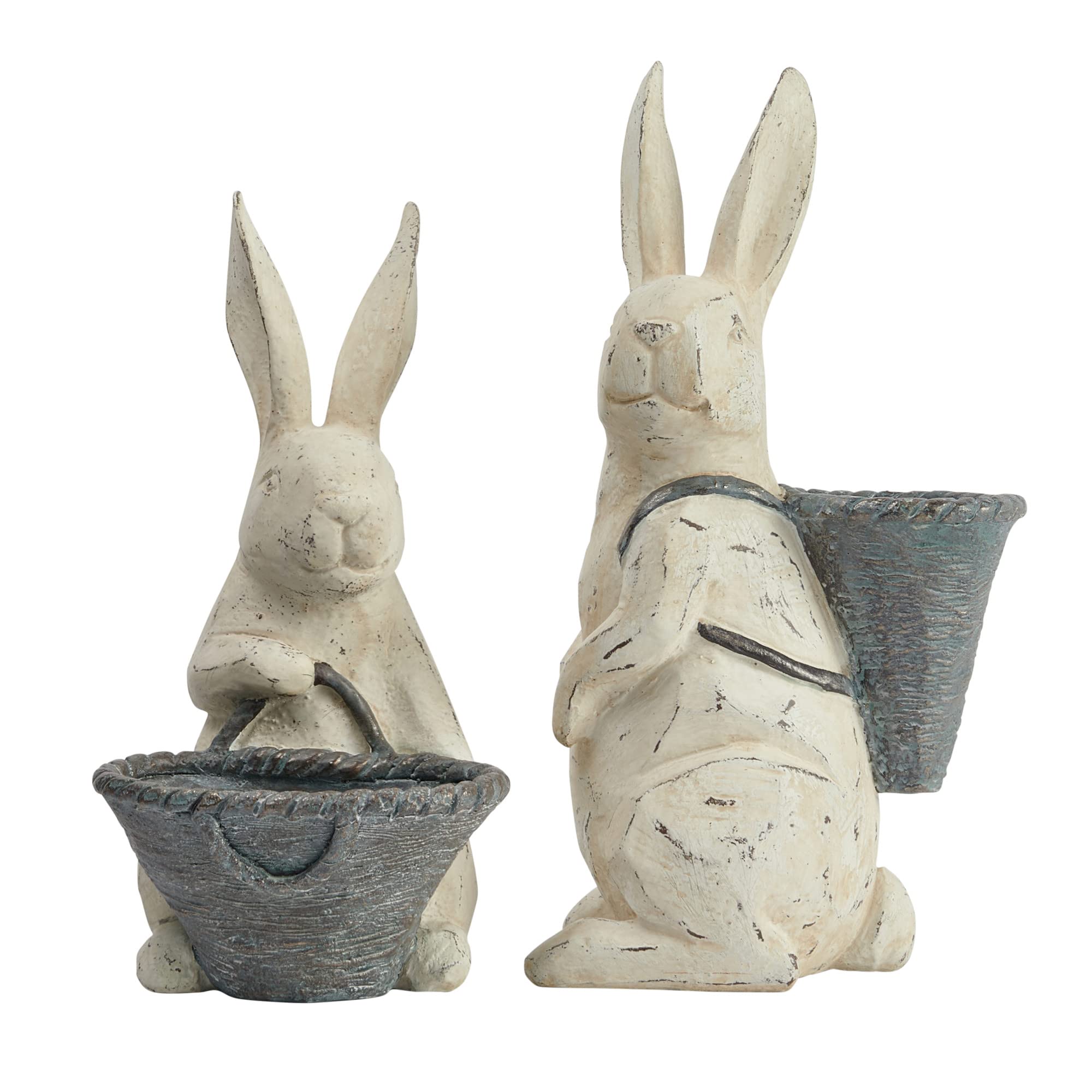 Creative Co-Op Decorative Bunnies with Baskets, Set of 2 Styles, Antique White and Grey Décor, Ivory