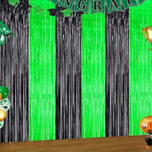 green and black party decorations, birthday decorations for men green black graduation backdrop 2025 black green backdrop foil fringe curtains halloween party photo streamers (3 pack)