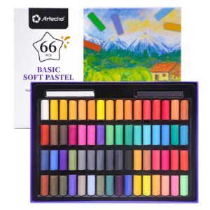 artecho 66pcs soft pastels, 64 colors including 4 fluorescent colors, extra free black & white, square chalk for drawing, blending, layering, shading, pastels art supplies