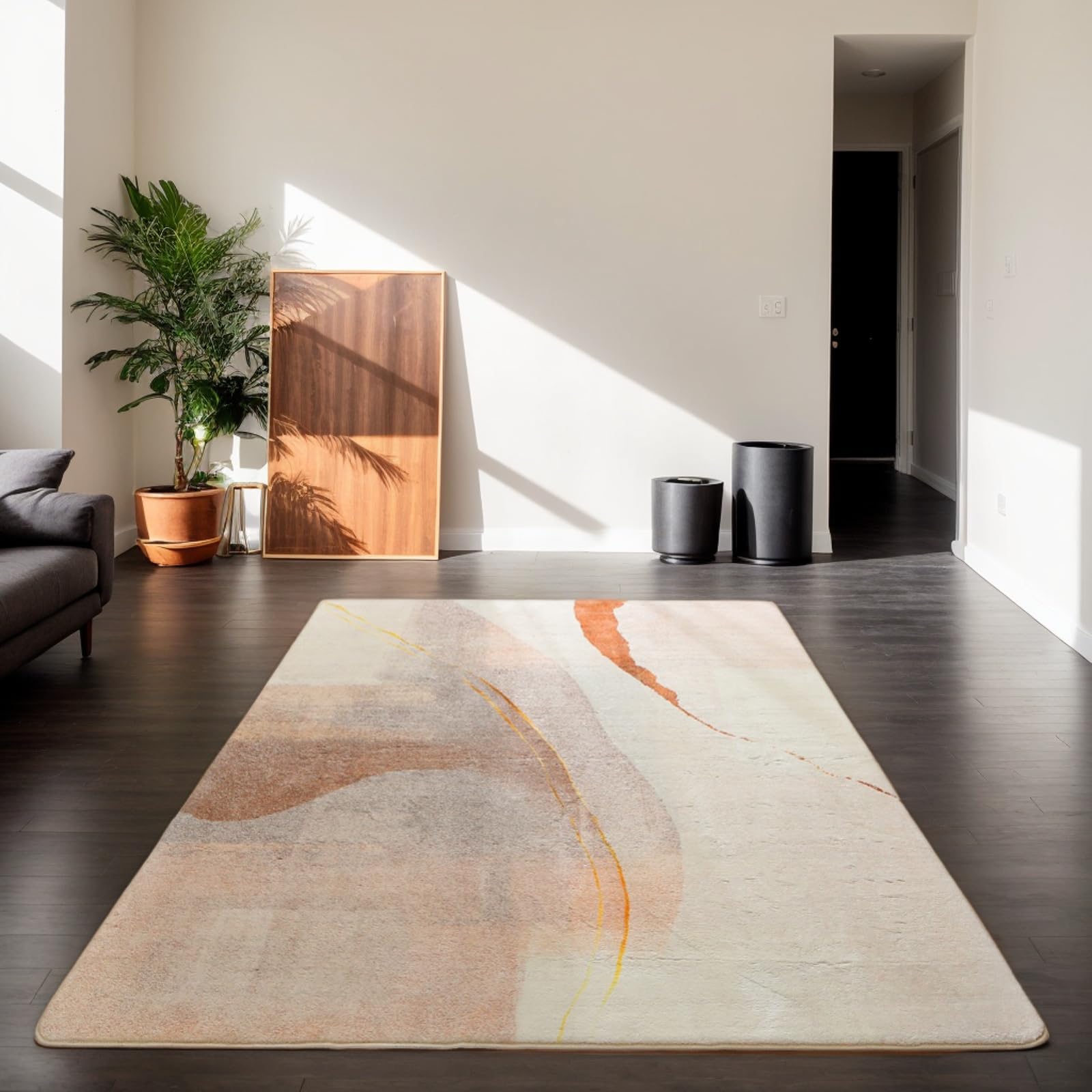 Cinknots Area Rug 6' 6" x 8' 2" Modern Abstract Living Room Bedroom Rug Soft Non-Slip Indoor Washable Minimalist Rug Brown/Gold