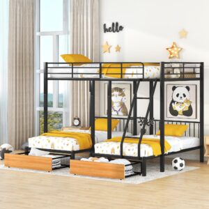 triple bunk bed metal full over two twin beds with storage drawers and shelf detachable 3 bed bunk bed frame with ladder for kids boys girls teens, can bed divided into three separate beds, black