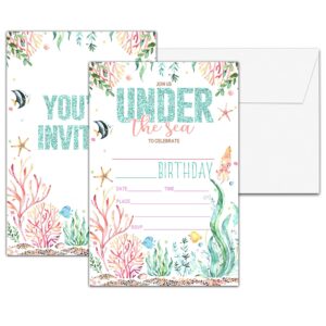 chuxvon birthday party invitations, under the sea birthday invitations, double-sided watercolor ocean animals themed fill in invites, ocean birthday party decorations, 20 cards with 20 envelopes(b04)