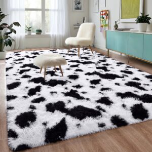 dweike super soft shaggy rugs fluffy carpets, 3x5 feet, cow print rug for living room bedroom, fluffy ​rug for girls kids room, shag plush rug for teen room decor, black-white