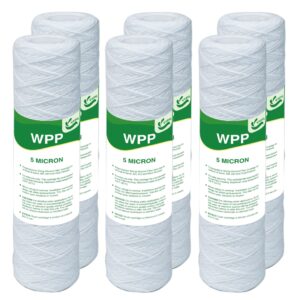 vegebe 5 micron string wound whole house water filter 10" x 2.5", 10-inch universal sediment pre-filters for well water, replacement cartridge for fxwsc, cw-f, cw-mf, 1ss, w5w, ao-wh-pre-r2, 6-pack