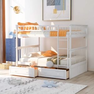 merax full-over-full bunk bed, solid wood full size bunk bed with two storage drawers, convertible bunk bed can be converted into two full size daybeds (white)