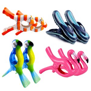 8 pack clips for beach chairs-durable and big towel clips, peg clips with colorful parrot and pink flamingo shape, creative beach towel clip for family use, portable during travel.