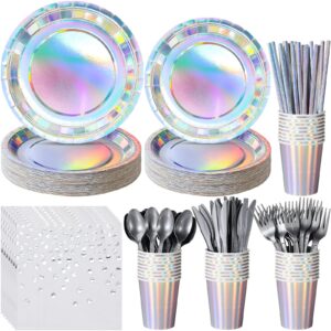 iridescent party supplies decorations, holographic paper plates and napkins set, disposable iridescent paper plates cups knives spoons fork straw for mermaid birthday wedding party, serve 25