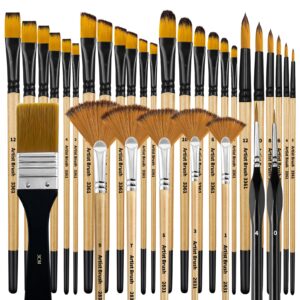 bougimal 32 pieces paint brush set, artist series, nylon bristles with round, filbert, flat, fan, angle, detail brush, suitable for artists and beginners for acrylic painting, oil, watercolor, gouache