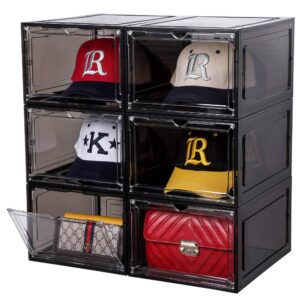 attelite hat organizer for baseball caps, set of 6, stackable hat storage box, hat holder with transparent magnetic door, hat rack, easy to assemble stylish hat display(clear black)