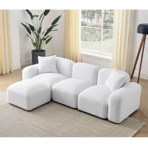 taiweny convertible modular sectional sofa, boucle fabric l-shaped modern bubble couch with ottoman, 3-seater sherpa teddy sofas for living room apartment, 94”, white