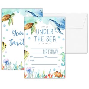 chuxvon birthday party invitations, under the sea birthday invitations, double-sided watercolor ocean animals themed fill in invites, ocean birthday party decorations, 20 cards with 20 envelopes(b06)