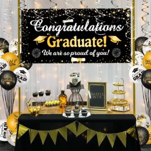 AKEROCK Graduation Decorations Class of 2025, Congratulations Graduate Banner for Graduation Party Decorations, Graduation Banner/Congrats Grad Banner, 32 Balloons & 10 Hanging Swirls Included - Black