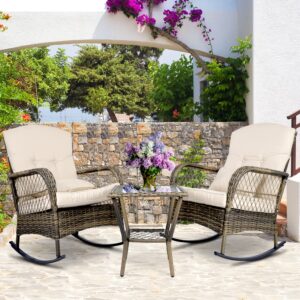 ibition 3-piece outdoor rocking chairs set of 2， wicker patio furniture modern rattan chair conversation with cushions & glass table for garden,backyard, bistro(khaki)