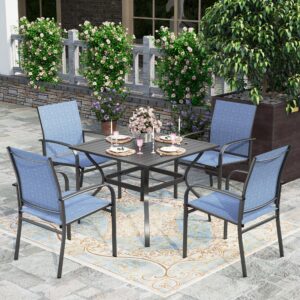 hera's house 5 pieces patio dining set, outdoor table and chairs set for 4, 4 x blue textilene dining chair, 37" square metal dining table, for lawn garden backyard deck