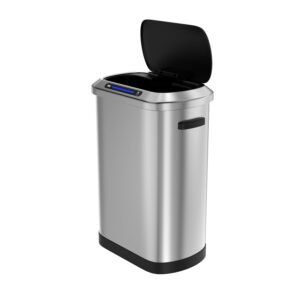 pouseayar 13 gallon stainless-steel smart automatic trash can with super mute sensor lid, silver, 30 count garbage bags