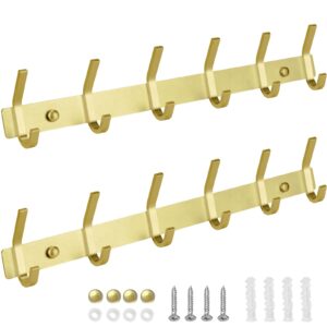 ticonn wall mounted coat rack - 6 heavy duty dual hooks all metal contemporary coat hanger for jacket coat hat for mudroom entryway bathroom (gold, 2pk)