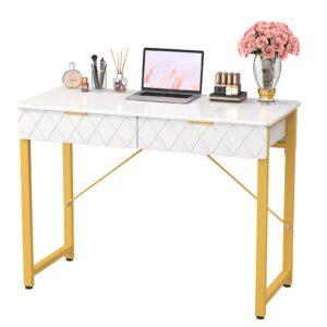 westree modern makeup vanity desk with glossy desktop,bedroom home office writing desk with drawers, storage shelf, gold metal frame for dressing table without mirror