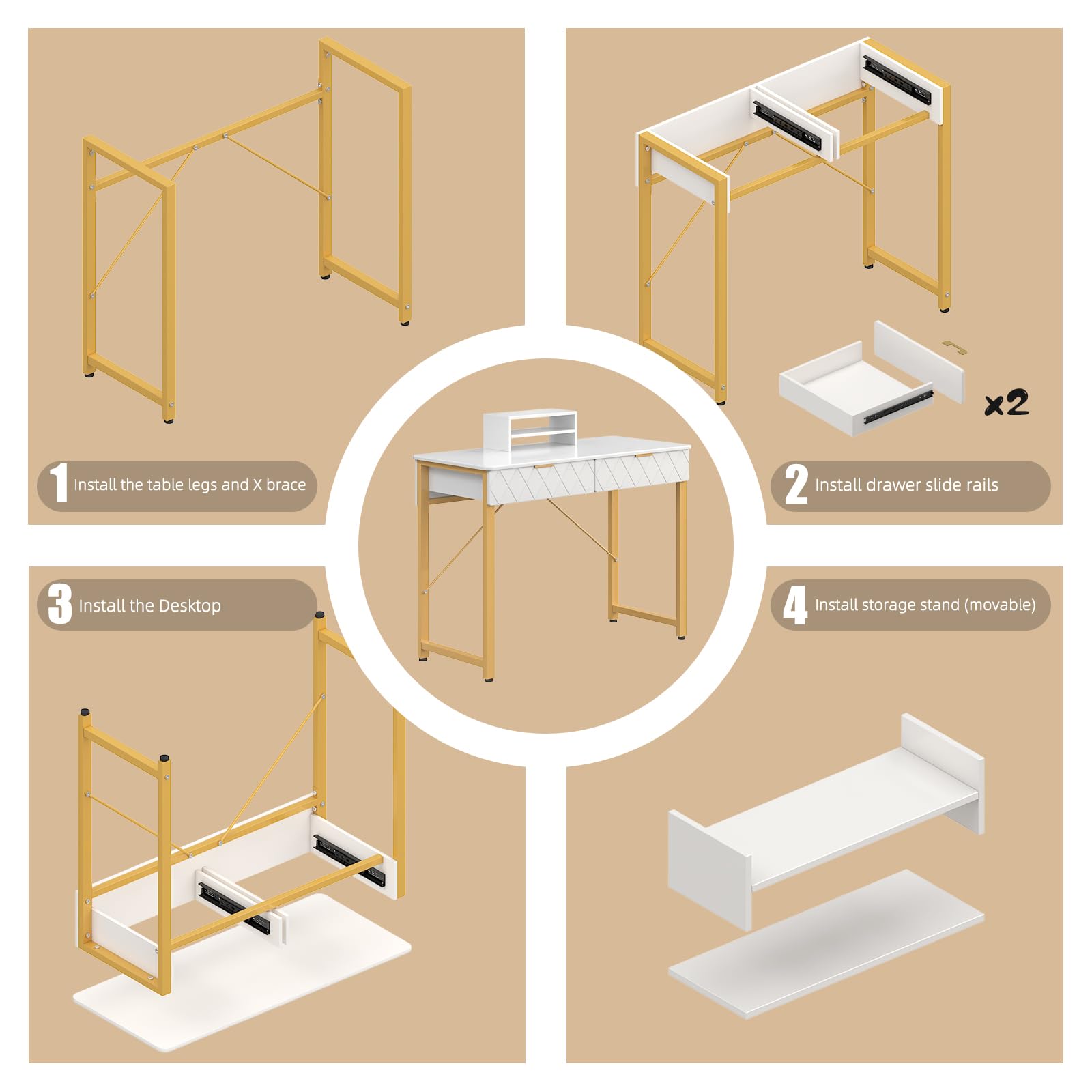 WESTREE Modern Makeup Vanity Desk with Glossy Desktop,Bedroom Home Office Writing Desk with Drawers, Storage Shelf, Gold Metal Frame for Dressing Table Without Mirror