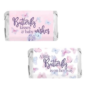 butterfly girl baby shower mini chocolate candy bar wrappers, a little butterfly is on her way, it's a girl pink and purple party favor stickers - 45 labels