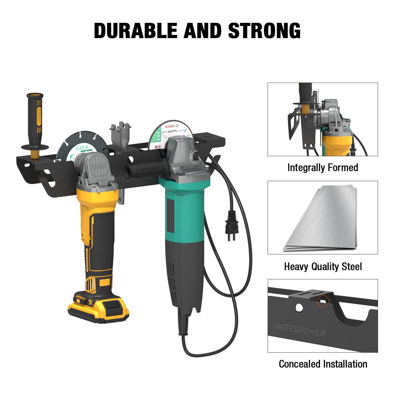 UNITEDPOWER Angle Grinder Holder - 2 Bay Angle Grinder Rack/Stand Storage Rack with Cord Hanger, Wall mount Bracket for Cutters Polishers, Garage and Workspace.