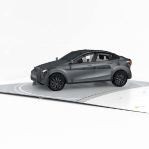 Pop Up 3D Greeting Card for Tesla Model Y New Owners, Fans - Love, Birthday, Christmas, Congratulations, Surprise - Blank Insert Personalized Message - 5x7 Inches - 5 Seats (Silver - 20" - B&W - 5)