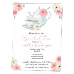 bridal shower invitations wedding tea party invites pink english british high tea cup floral flowers cake cookies brunch luncheon customized printed cards (12 count)