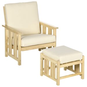 outsunny 2-piece patio furniture set with 1 armrest single chair and an ottoman, outdoor wooden chair with 4" thick padded cushions for backyard, porch, and poolside, beige