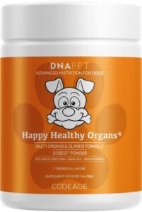 dna pet happy healthy organs & glands supplement for dogs, freeze-dried raw grass-fed beef liver heart kidney spleen pancreas bone marrow, bovine thymus multi organ powder, canine vitamins, 3 oz