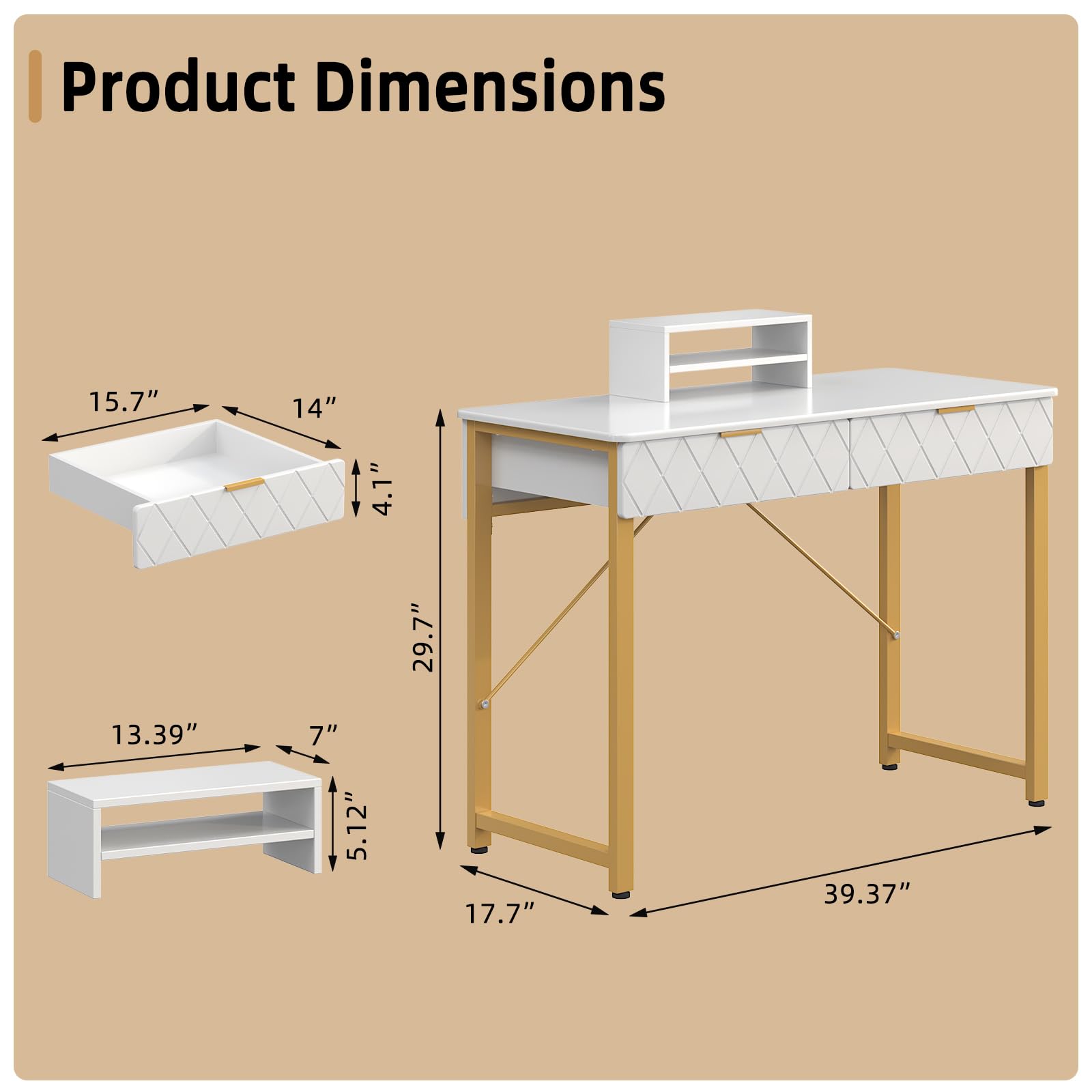 WESTREE Modern Makeup Vanity Desk with Glossy Desktop,Bedroom Home Office Writing Desk with Drawers, Storage Shelf, Gold Metal Frame for Dressing Table Without Mirror