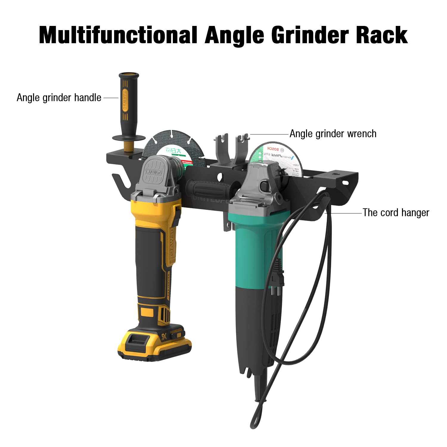 UNITEDPOWER Angle Grinder Holder - 2 Bay Angle Grinder Rack/Stand Storage Rack with Cord Hanger, Wall mount Bracket for Cutters Polishers, Garage and Workspace.