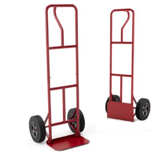 goplus hand truck, p-handle hand truck dolly w/vertical loop handle, 10” rubber wheels, 15”x8” foldable nose plate, 660lbs capacity, heavy duty metal dolly cart for lifting, stairs (red)